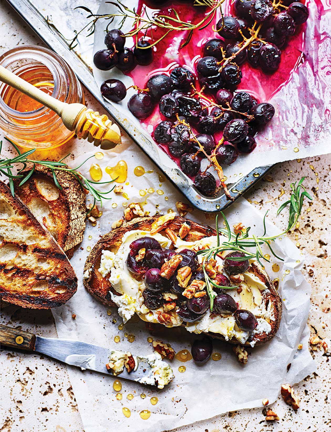 Honey-roasted grape and goats’ cheese toasts recipe | Sainsbury`s Magazine