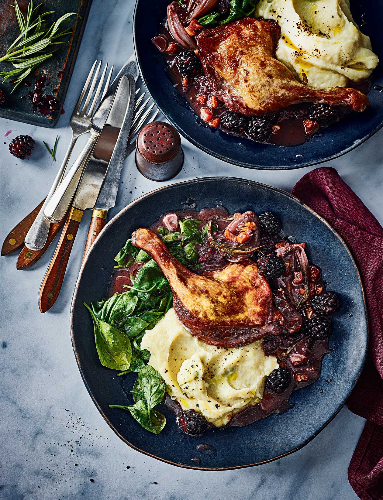 Braised duck legs with blackberries and celeriac mash recipe ...