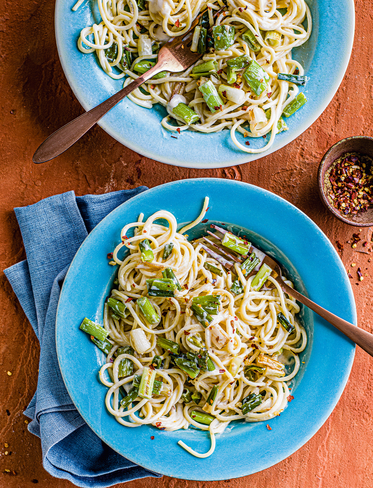 Charred spring onion miso spaghetti recipe | Sainsbury`s Magazine
