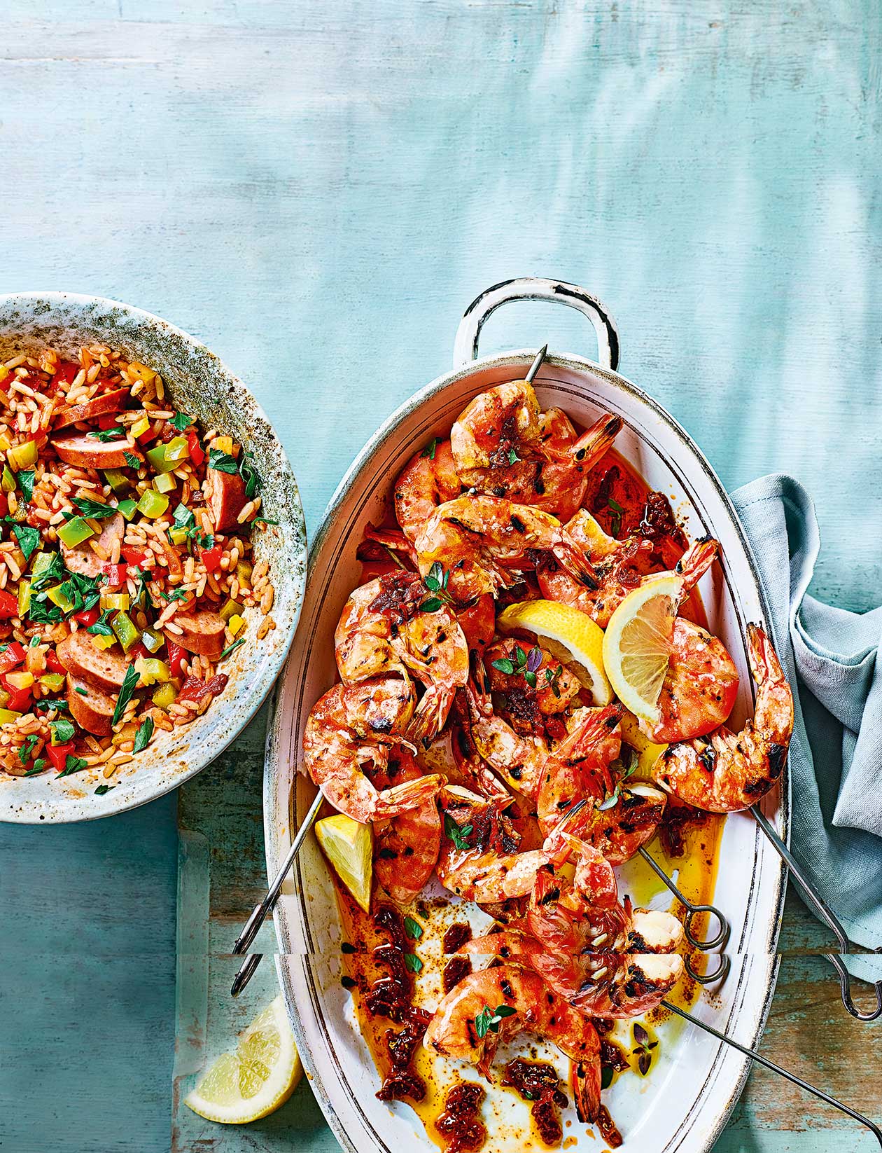 Creole-style prawn kebabs with jambalaya rice recipe | Sainsbury`s Magazine