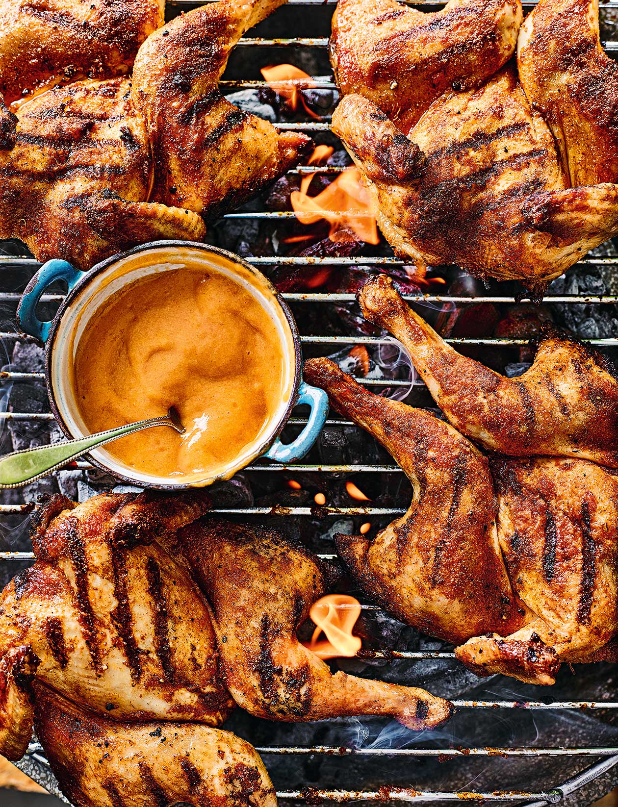 Spiced spatchcock poussins with barbecued peach sauce recipe ...