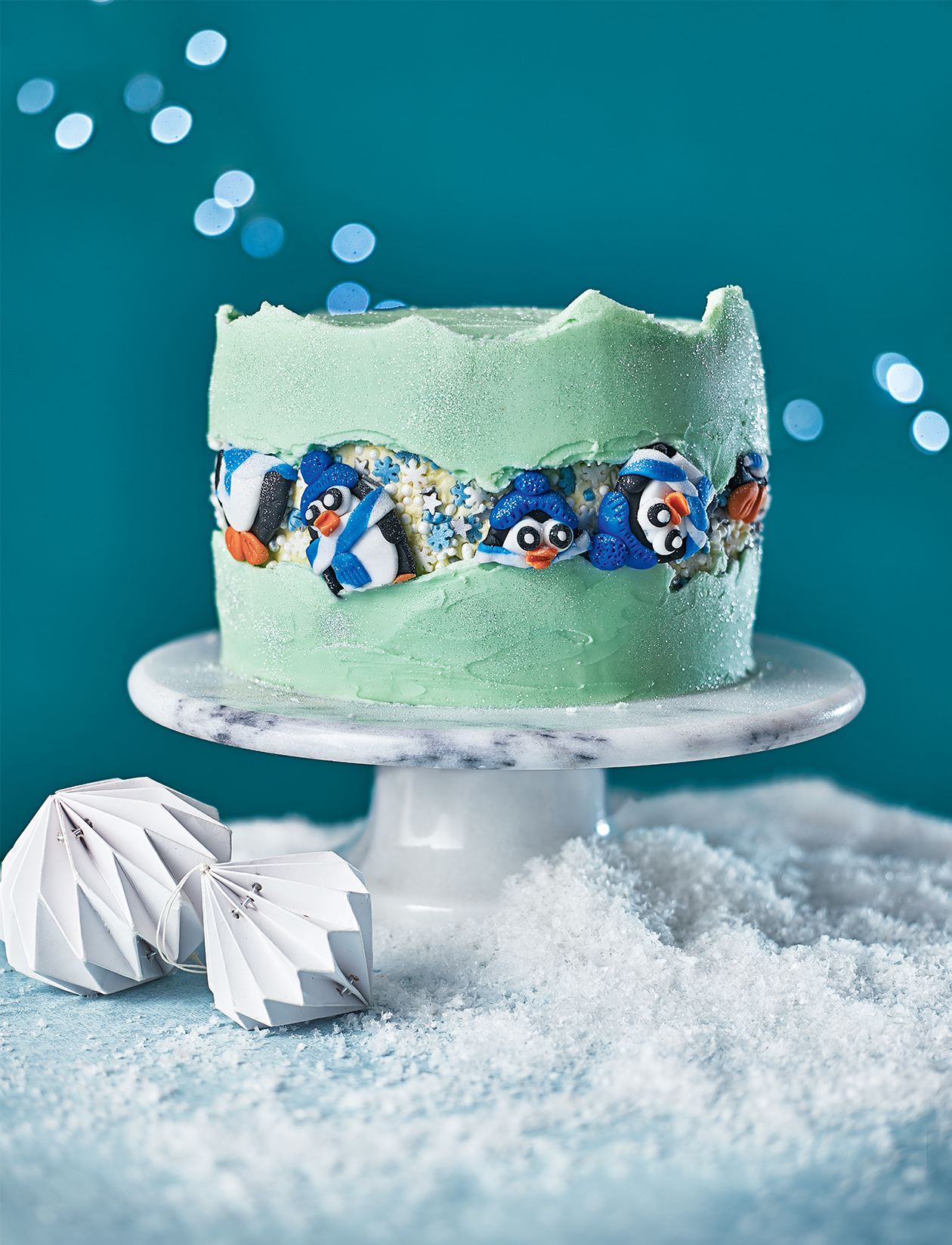 Mint chocolate penguin fault-line cake recipe | Sainsbury`s Magazine