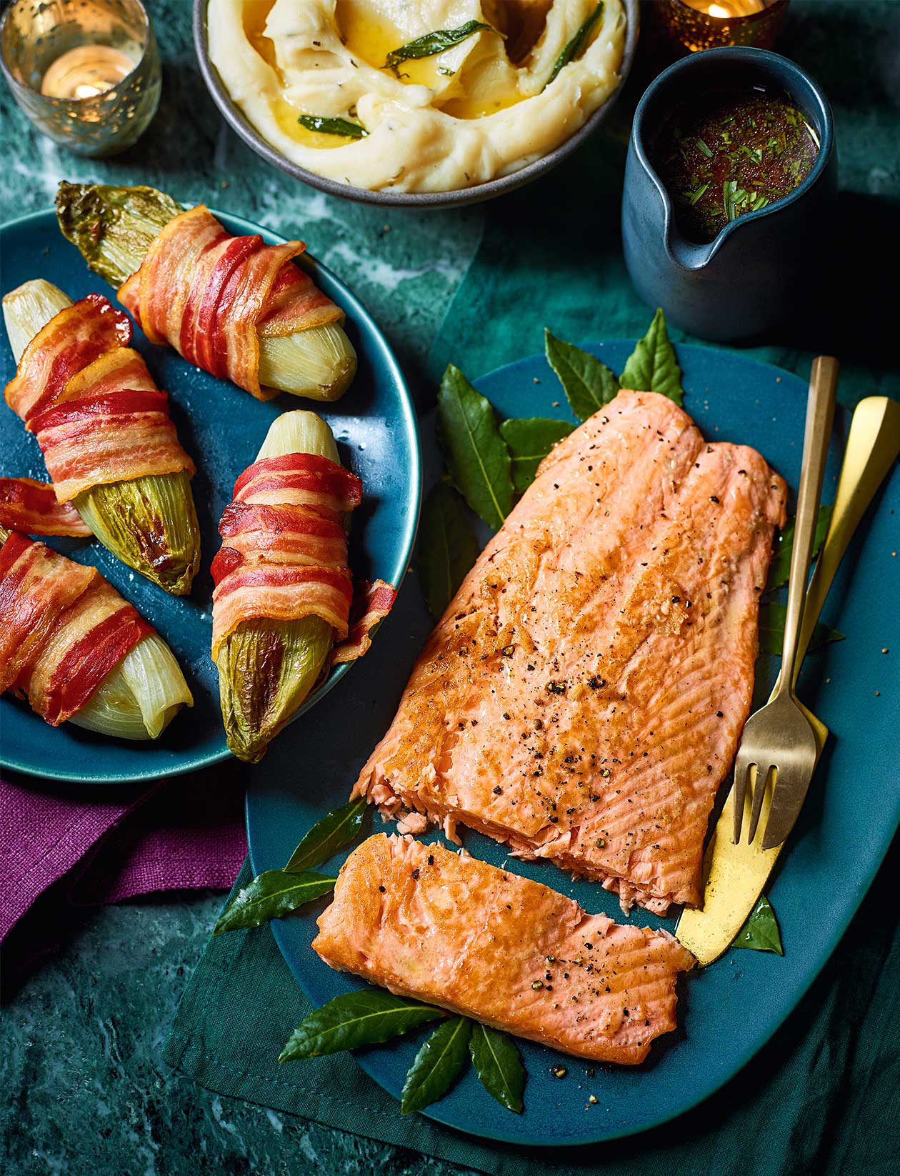 Seared salmon with tarragon red wine sauce and braised chicory recipe ...