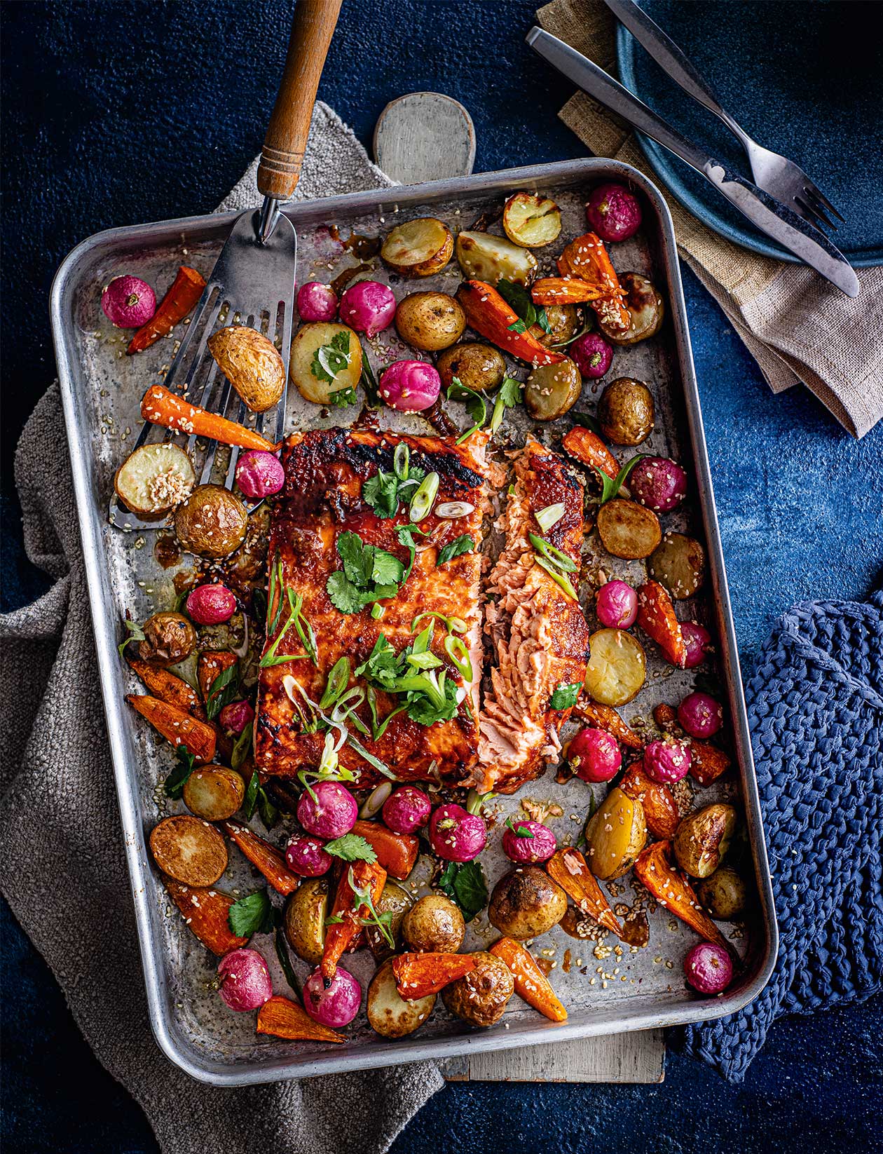 Miso salmon and vegetable traybake recipe | Sainsbury`s Magazine