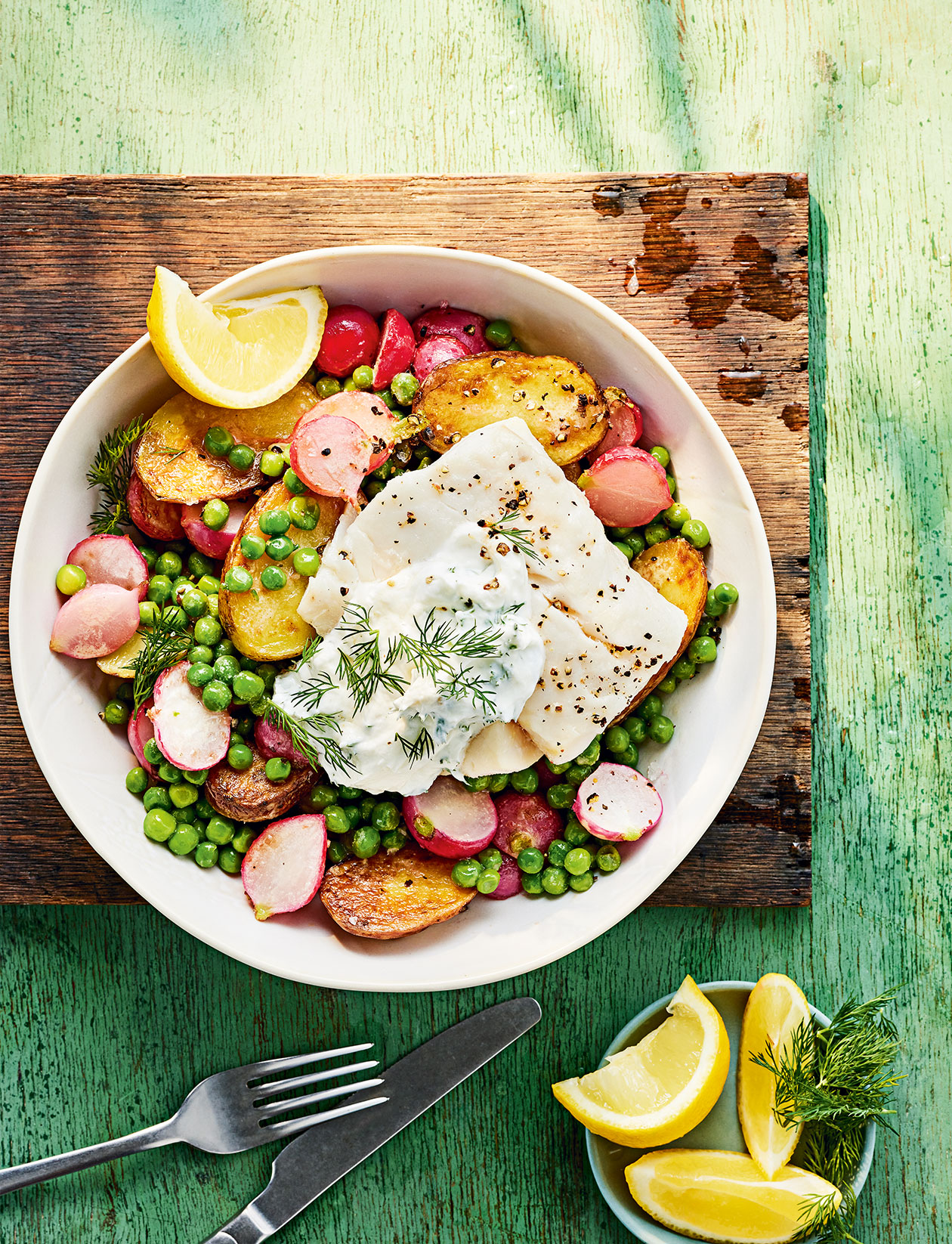 Cod with spring veg and dill yogurt recipe | Sainsbury`s Magazine