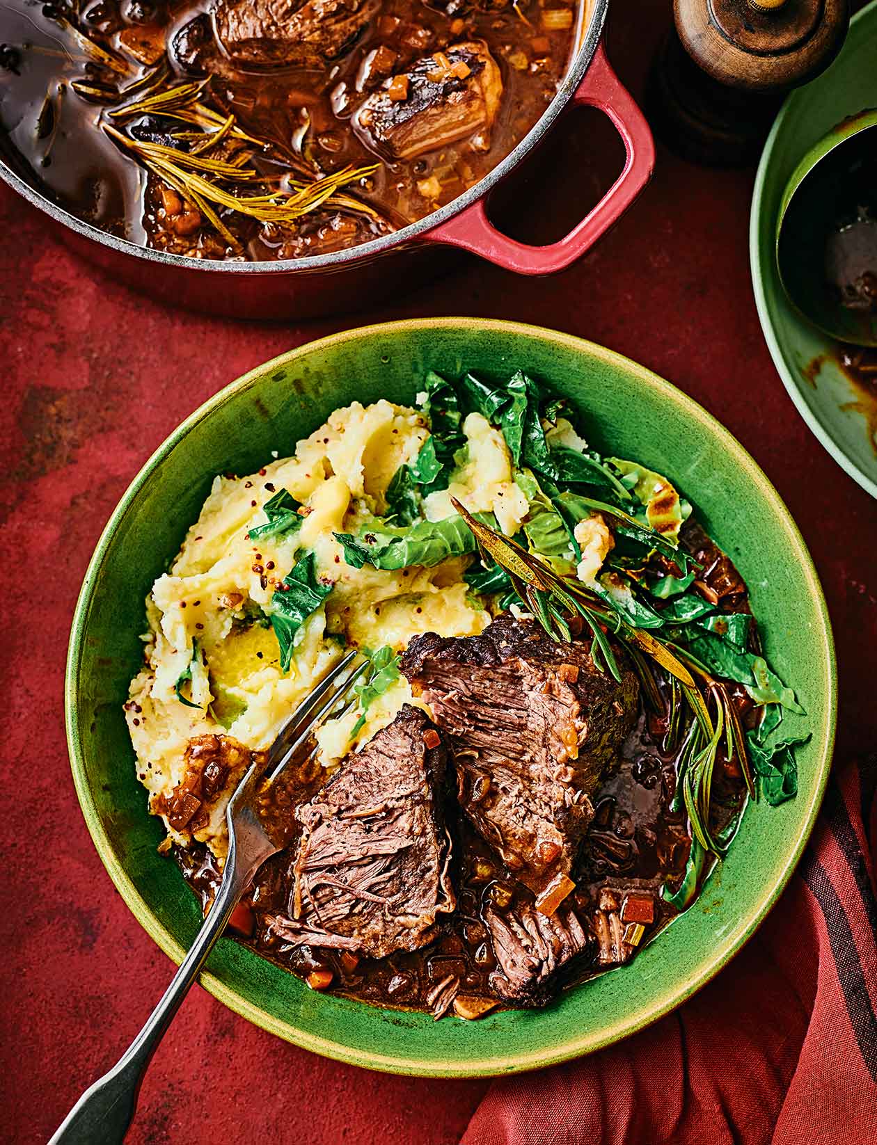Treacle-braised short ribs with mustard mash and greens recipe ...