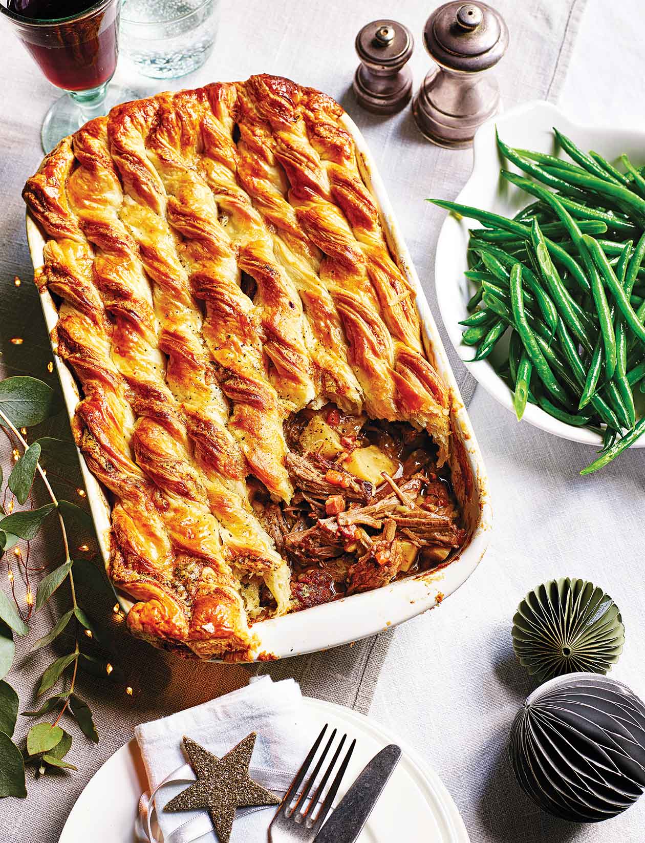 Beef pie with Stilton cheese-straw crust recipe | Sainsbury`s Magazine