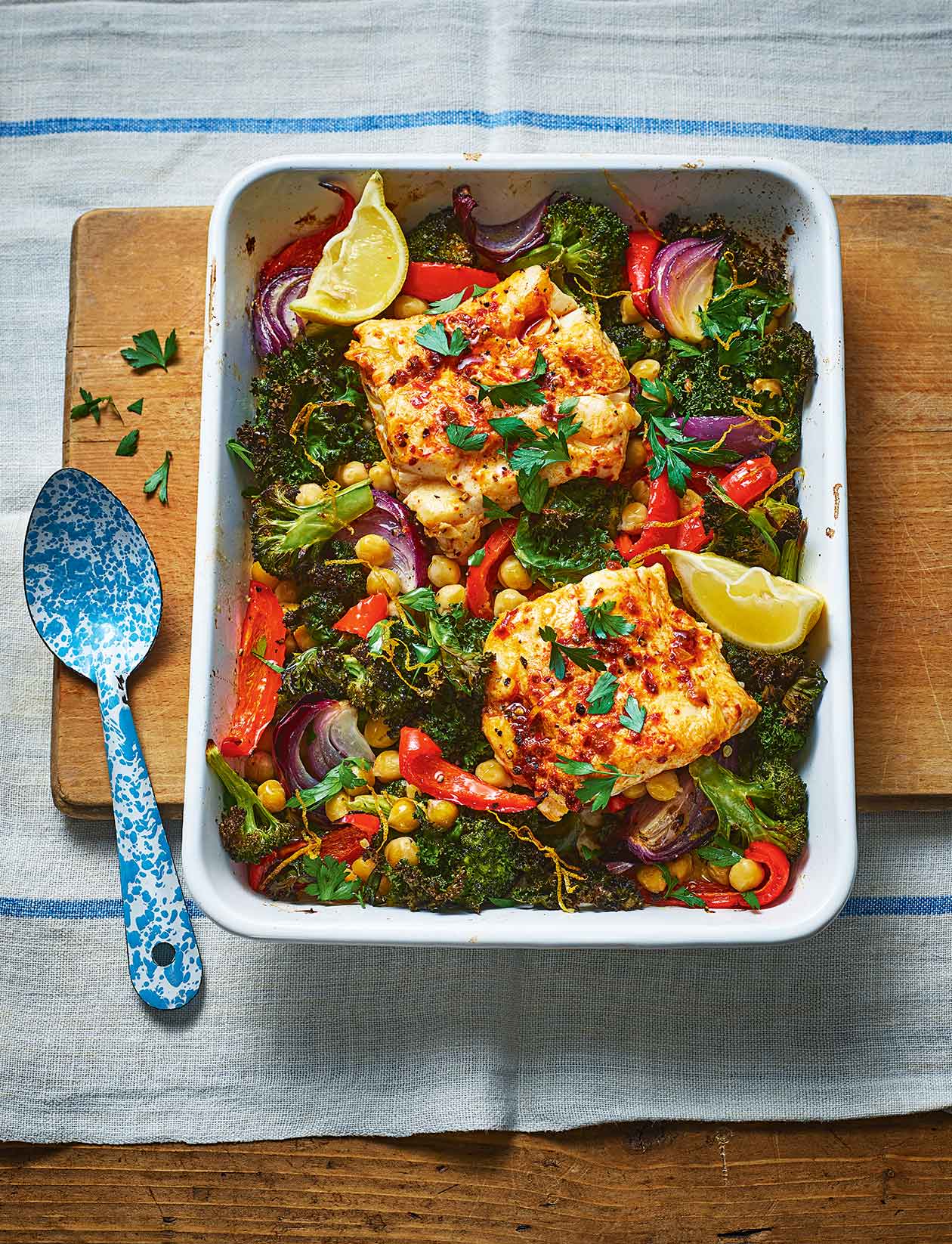 Harissa cod, chickpea and kale bake recipe | Sainsbury`s Magazine