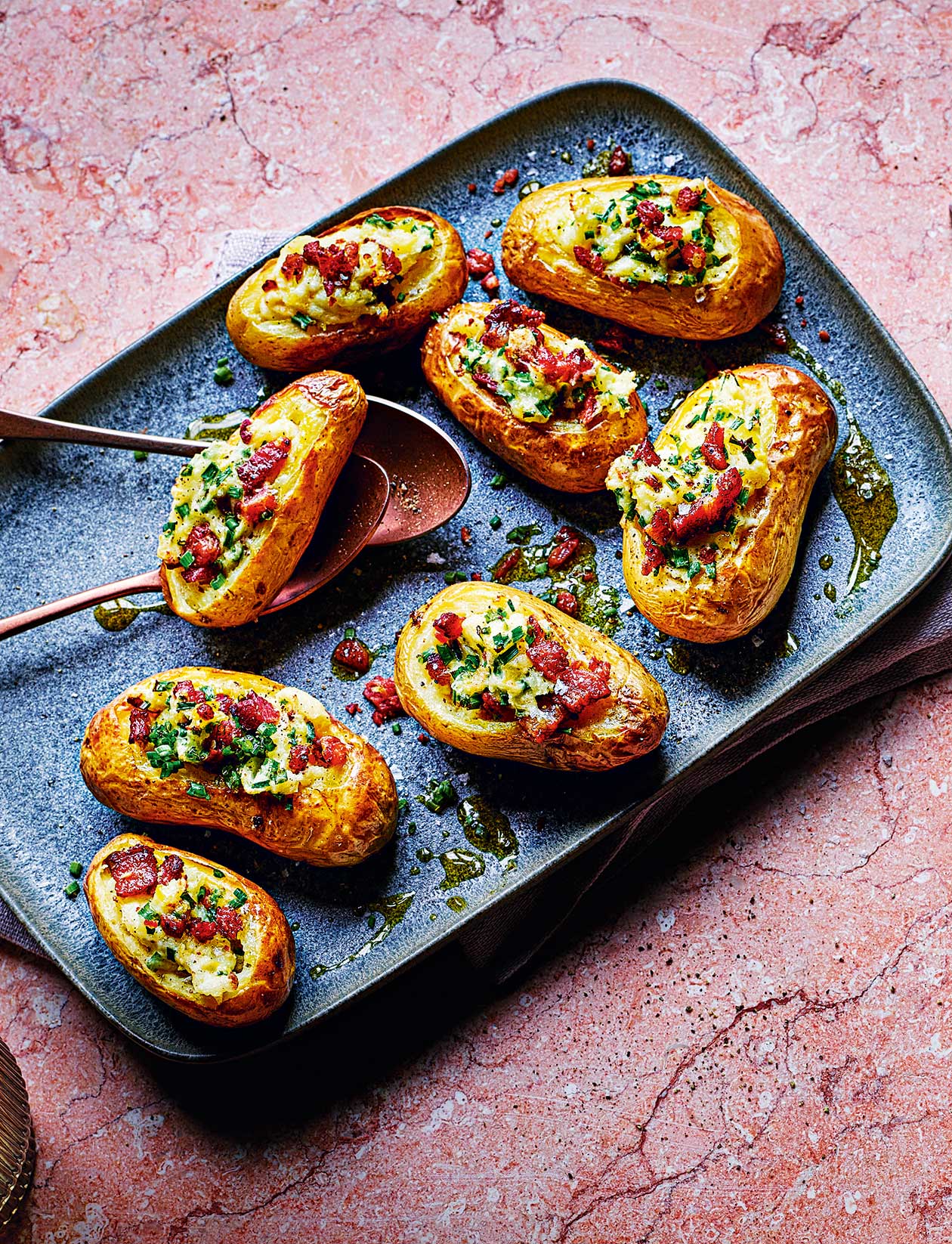 Mini jacket potatoes with bacon, sourced cream and chives recipe ...