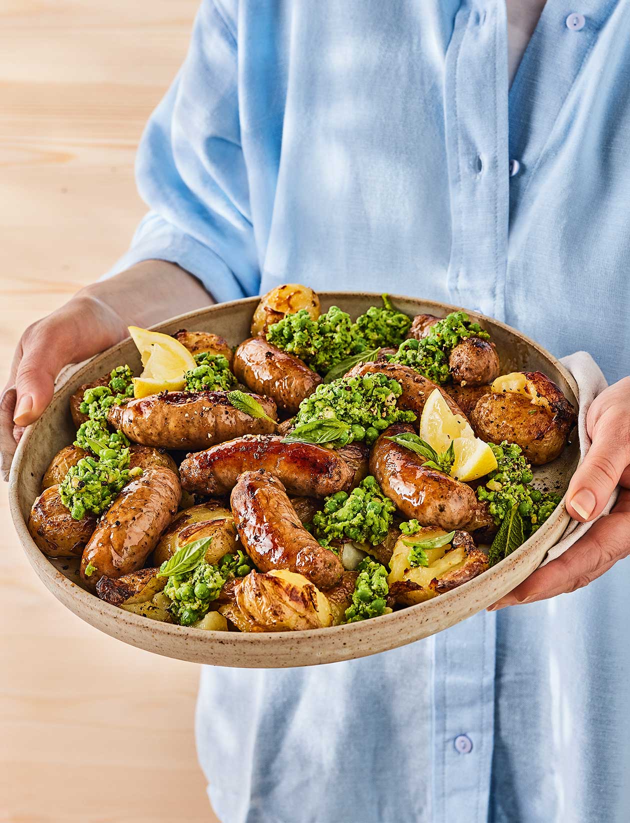 Bangers and 'smash' platter with minty pea pesto recipe | Sainsbury`s ...