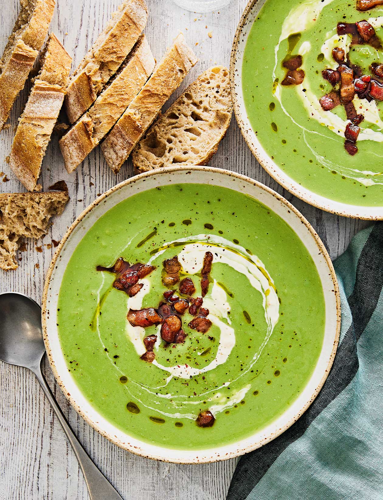 Marrowfat pea soup with crispy bacon and horseradish cream recipe ...