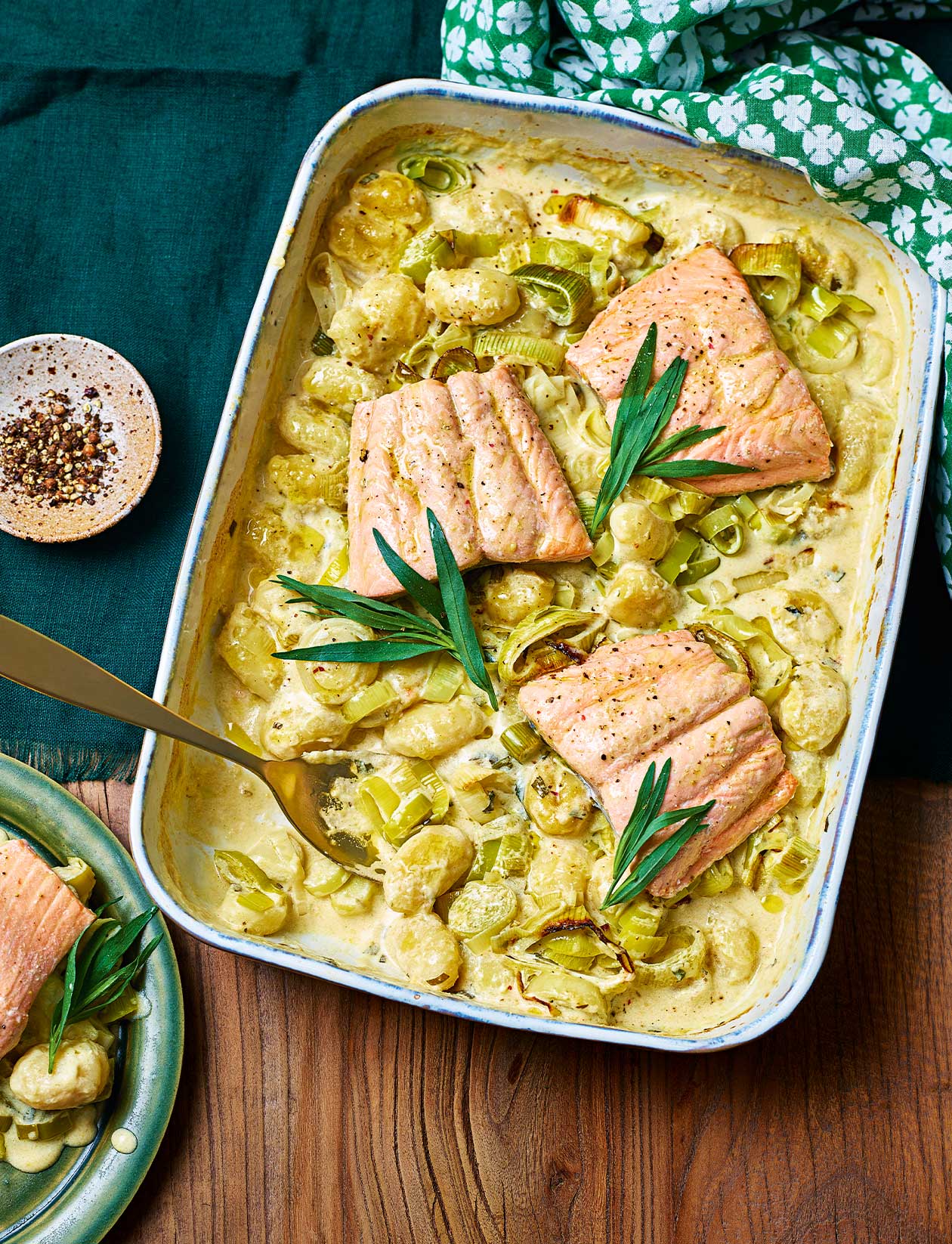 Salmon, gnocchi and creamy leek traybake recipe | Sainsbury`s Magazine