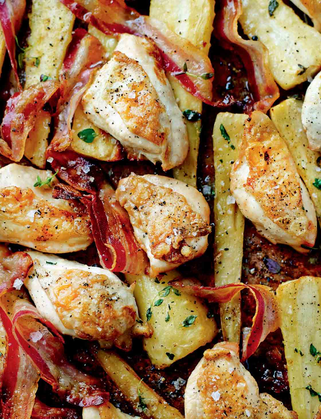 Chicken, pancetta and maple syrup traybake | Sainsbury`s Magazine