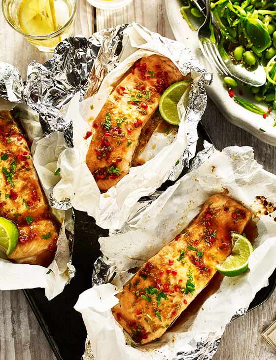 Soy and ginger salmon parcels with sesame sugar snap salad | Sainsbury ...