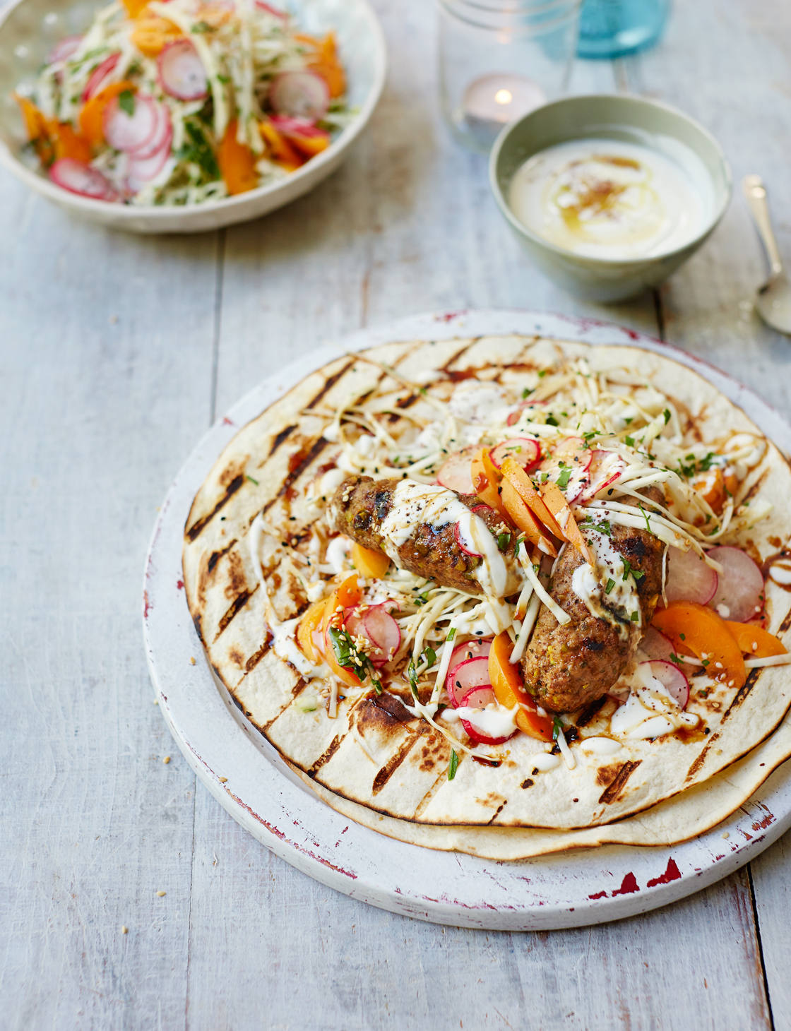 Pork and pistachio koftas with fennel, radish and apricot slaw ...