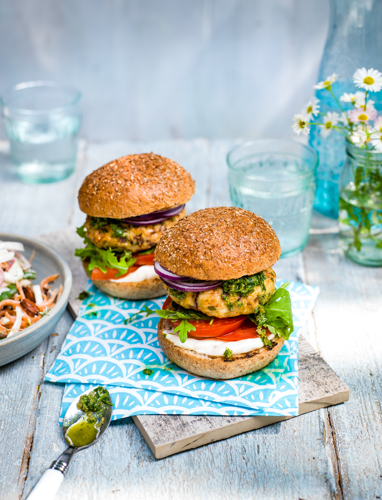 Herby chicken burgers with salsa verde recipe | Sainsbury`s Magazine
