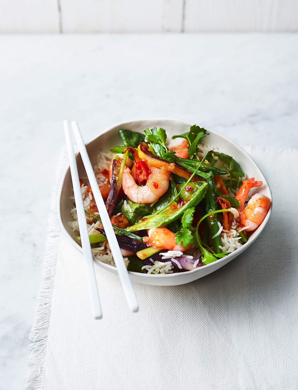 Sticky chilli prawn stir-fry recipe | Sainsbury`s Magazine
