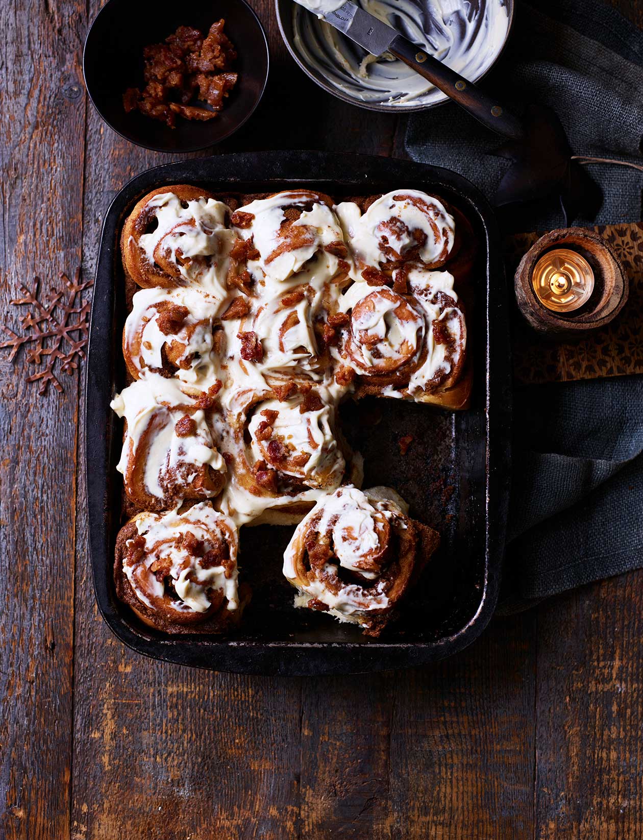 Maple cinnamon buns with candied bacon recipe | Sainsbury`s Magazine