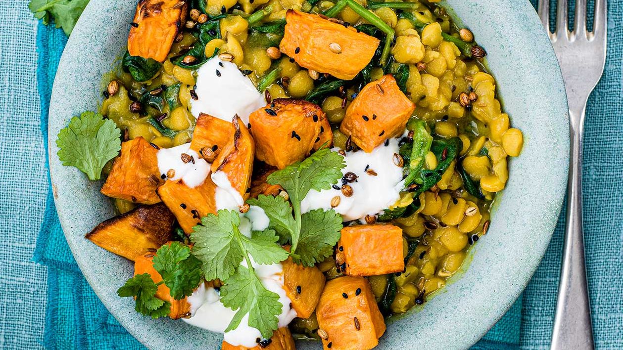 Gumbo Spinach And Split Pea Dhal With Roasted Sweet Potato