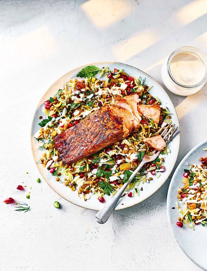 Spiced salmon with jewelled rice salad recipe | Sainsbury's Magazine