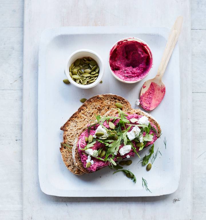 Beetroot and goats' cheese open sandwich recipe | Sainsbury`s Magazine